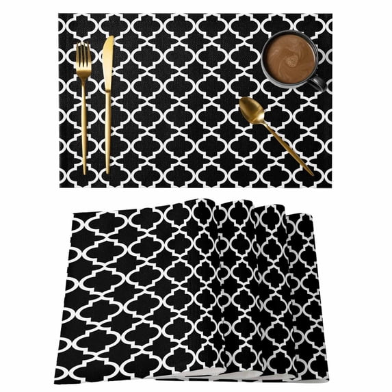Black Morocco Placemats Set of 6,Cotton Linen Fabric Place Mats,Boho ...