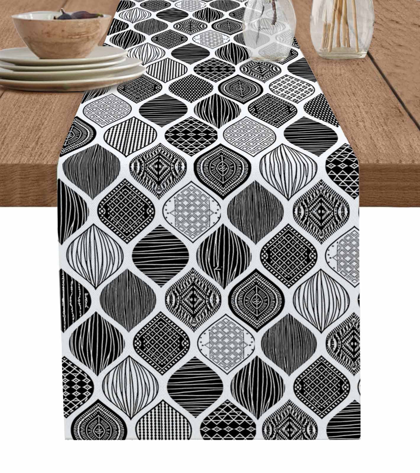 Black Morocco Table Runner 70 Inches, Retro Geometric Grey Ethnic ...
