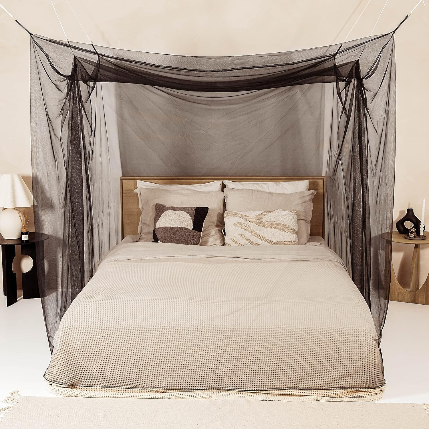 Black Mosquito Net for Single to King-Sized Beds – 2 Side Openings & 6 ...