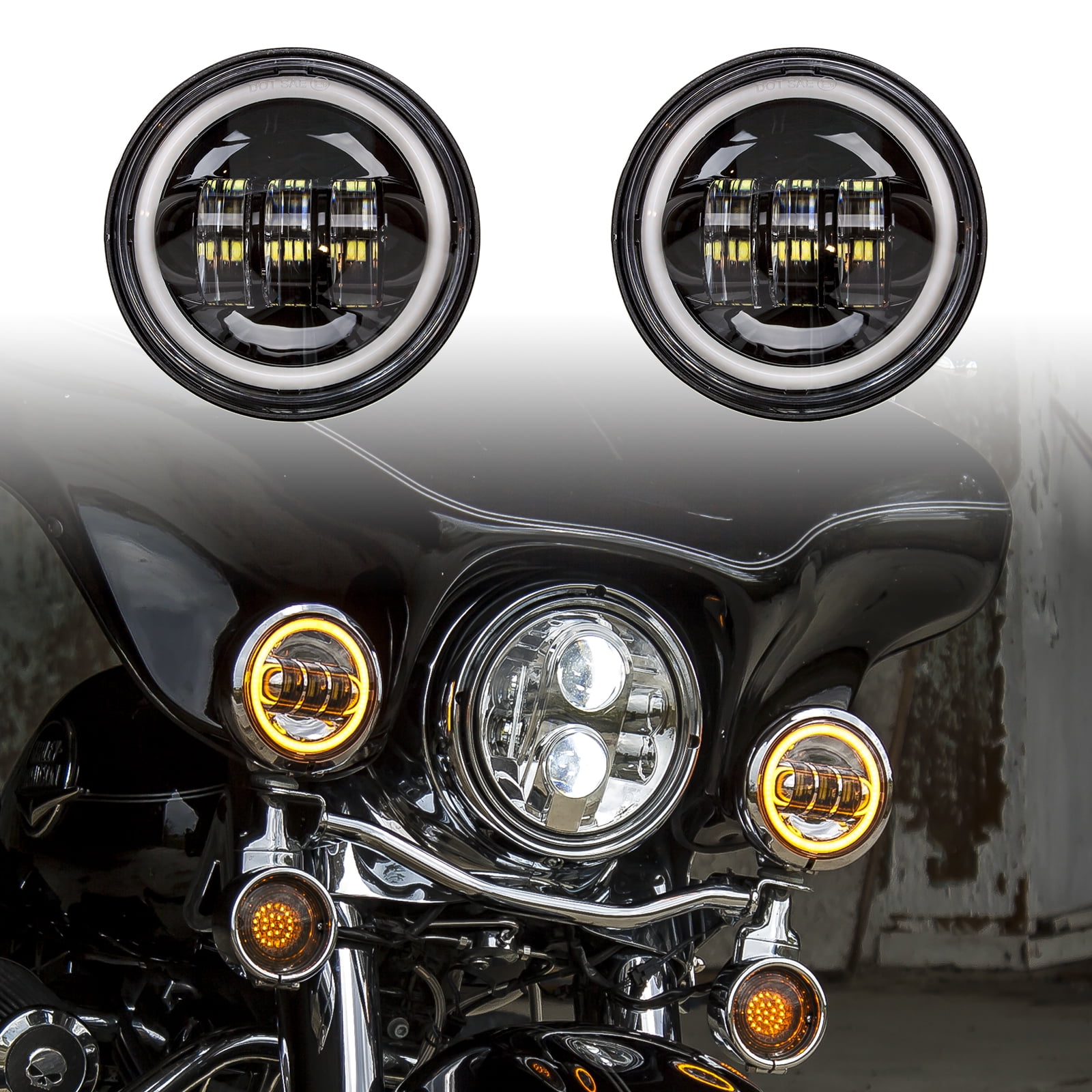 Black Motorcycle LED Driving Lights with Turnsignal Halo - Walmart.com