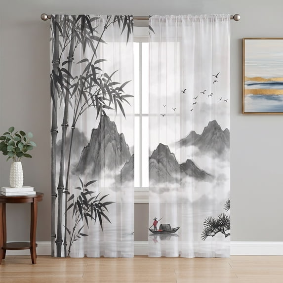 Black Mountain Lake Sheer Curtains for Living Room Bedroom Chinese Ink ...
