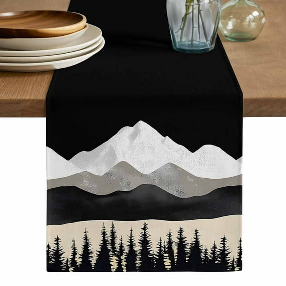 Black Mountain Table Runner, Peaks Landscape Forest Tree Washable ...