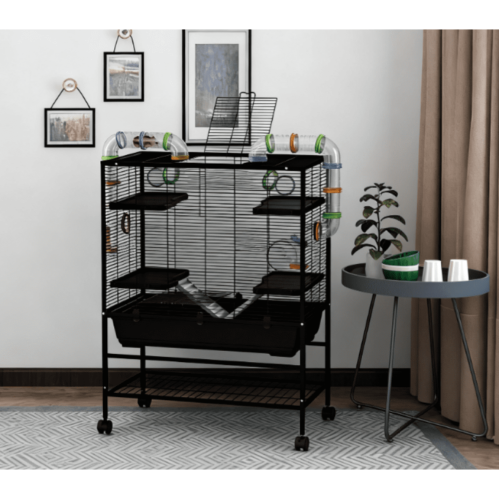 Black Multi-Level Small Animal Cage with Tubing System and Accessories ...