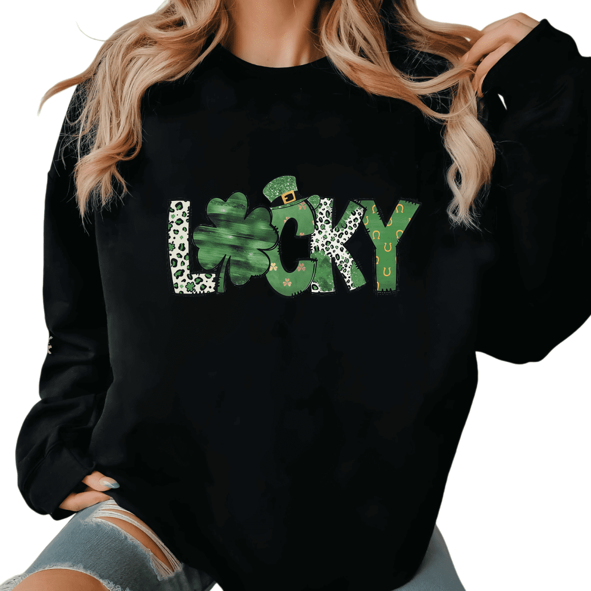 Black Multi-Lucky Element LUCKY Print Sweatshirt Graphic Sweatshirt ...