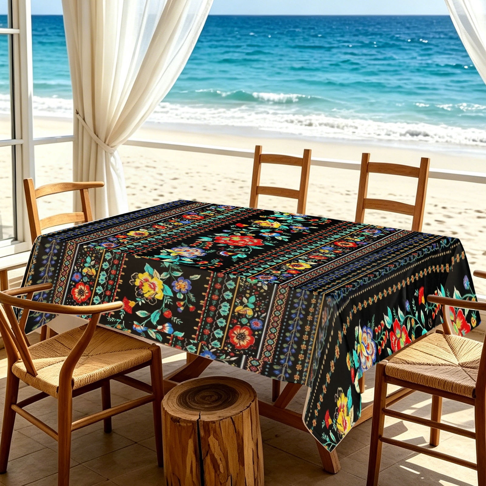 Black Multi-Stripe Border Vintage Mexican Floral Rectangular Tablecloth ...