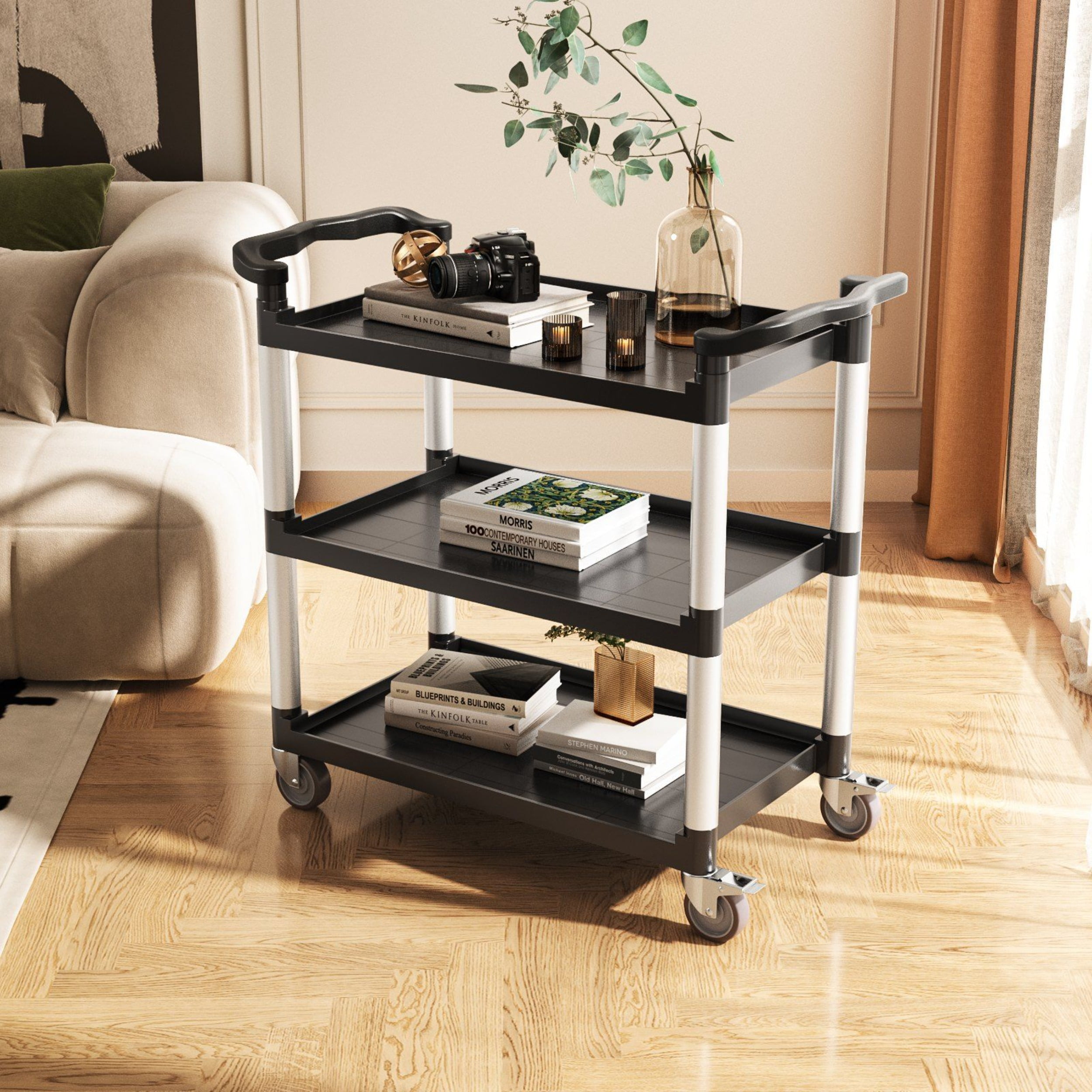 Black Multi-purpose Trolley, Three-layer Wheeled Service Trolley, Easy ...