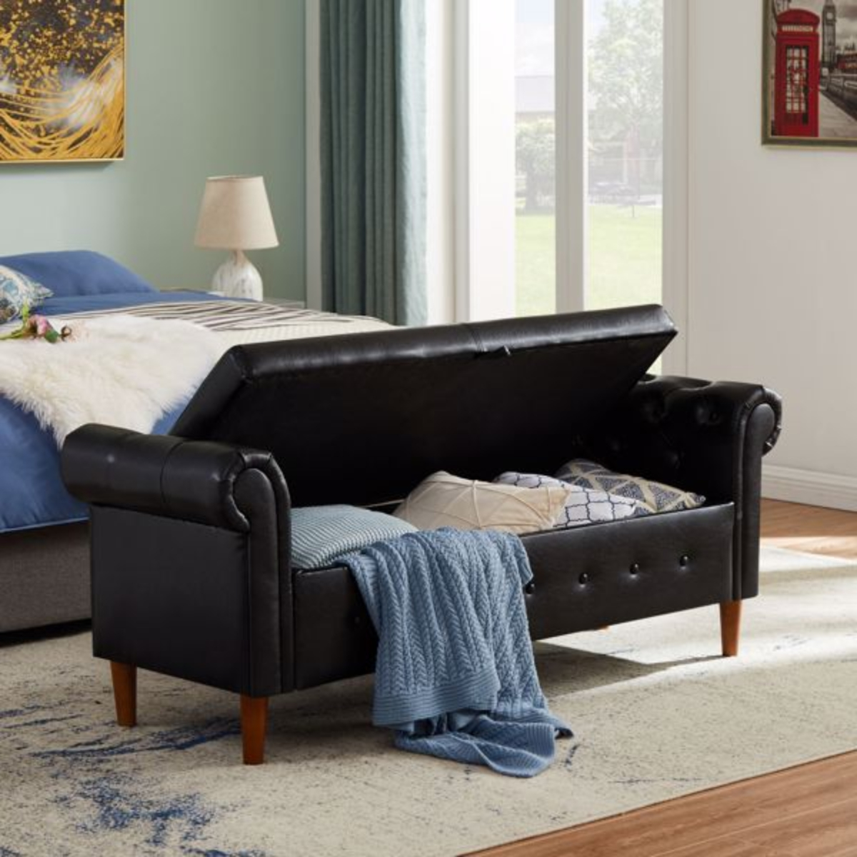 Black Multifunctional Rectangular Sofa Stool with Ample Storage Space ...