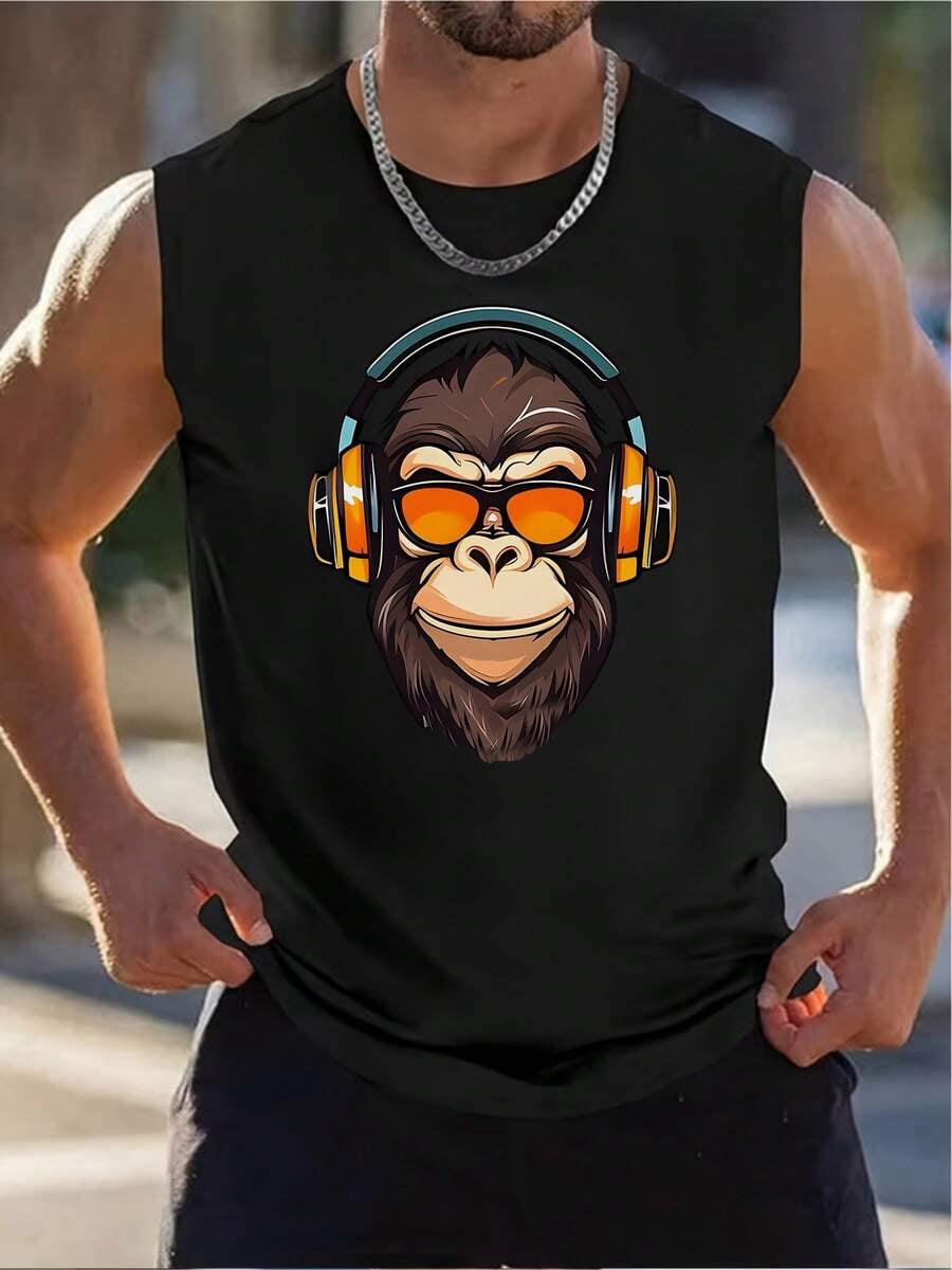 Black Muscle Tank Top Featuring Cartoon Monkey With Headphones And ...