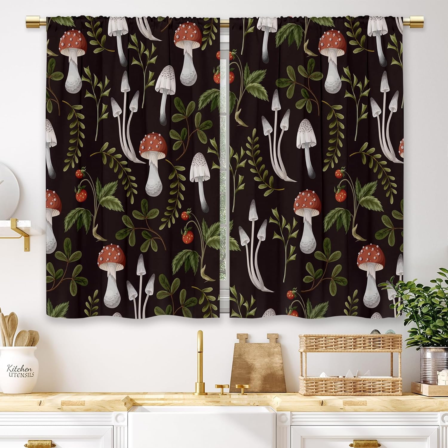 Black Mushroom Botanical Kitchen Curtains Mushroom Green Leaves Small ...