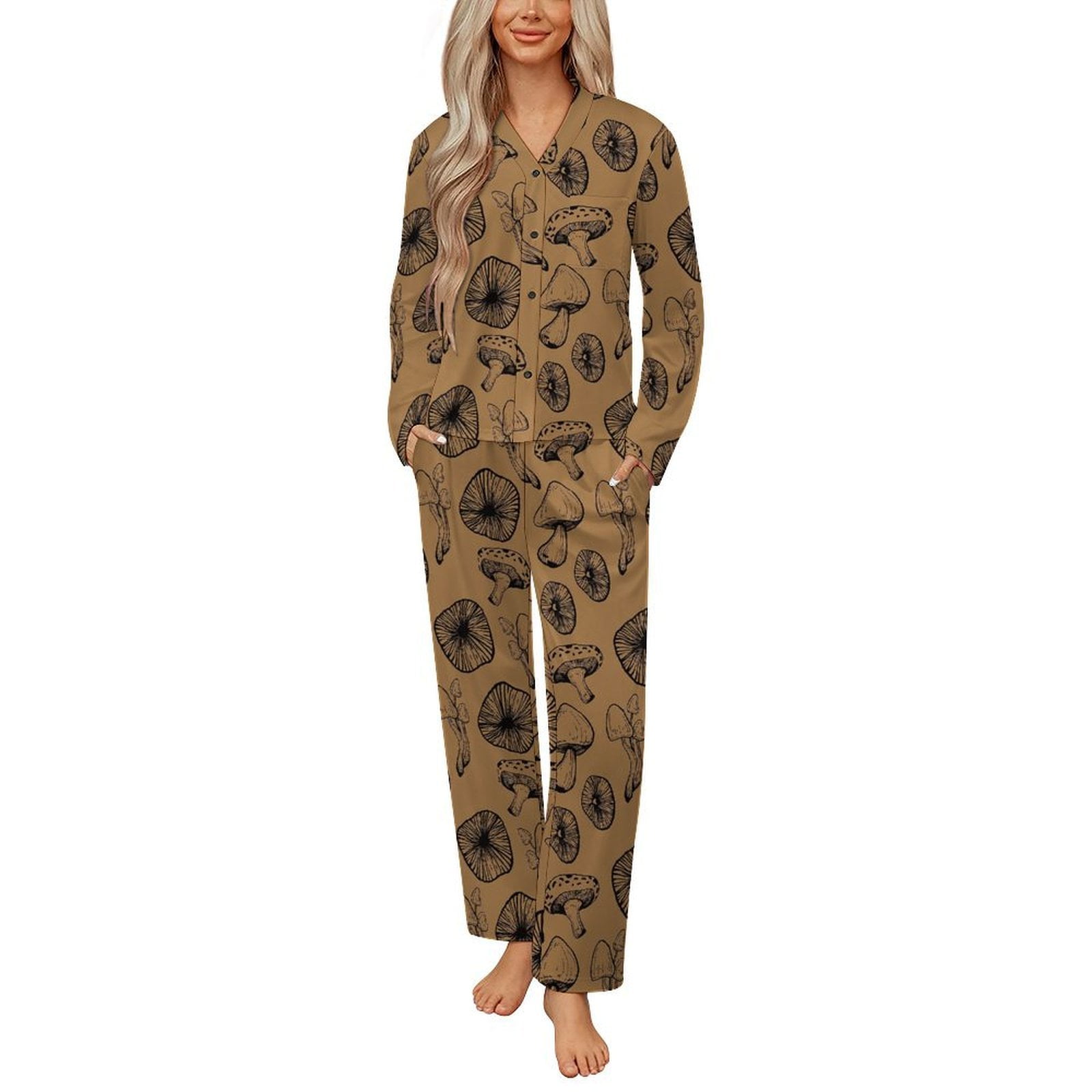 Black Mushroom Brown Fungus Womens Pyjamas Set Button Up Pyjamas Womens ...