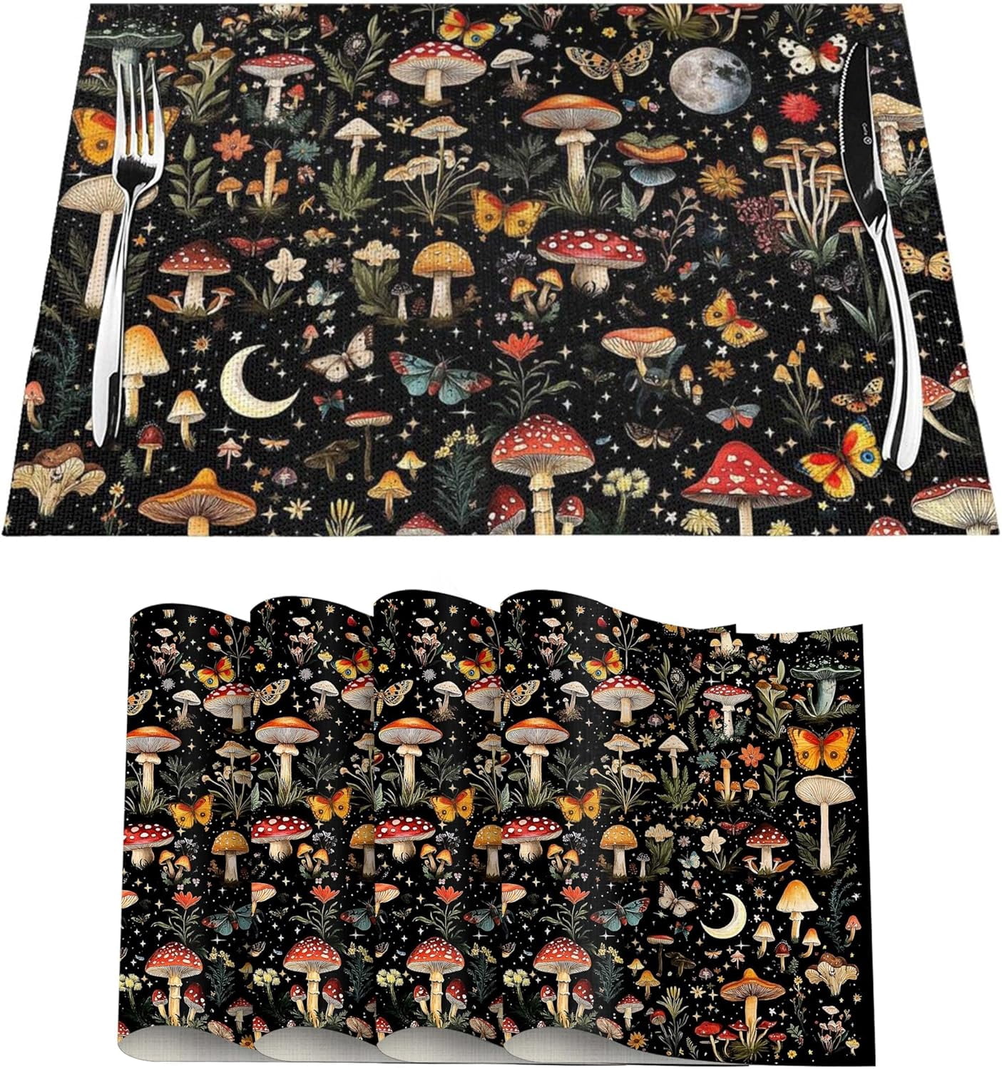 Black Mushroom and Butterfly Linen Placemats Set of 4, Heat Resistant ...