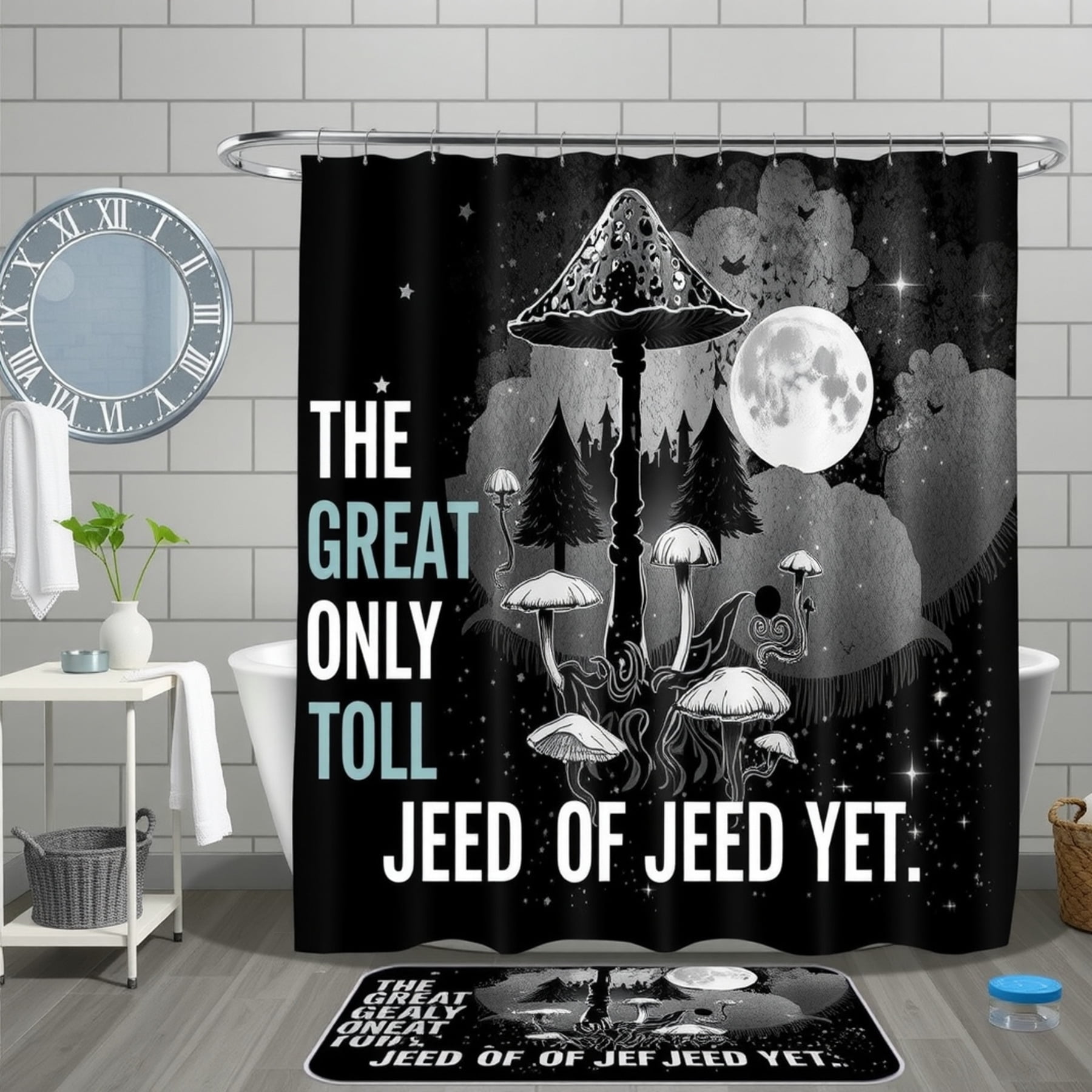 Black Mushroom Shower Curtain with Moon & Trees - "The Great Only Toll Jeed of Jeed Yet" - Light ...