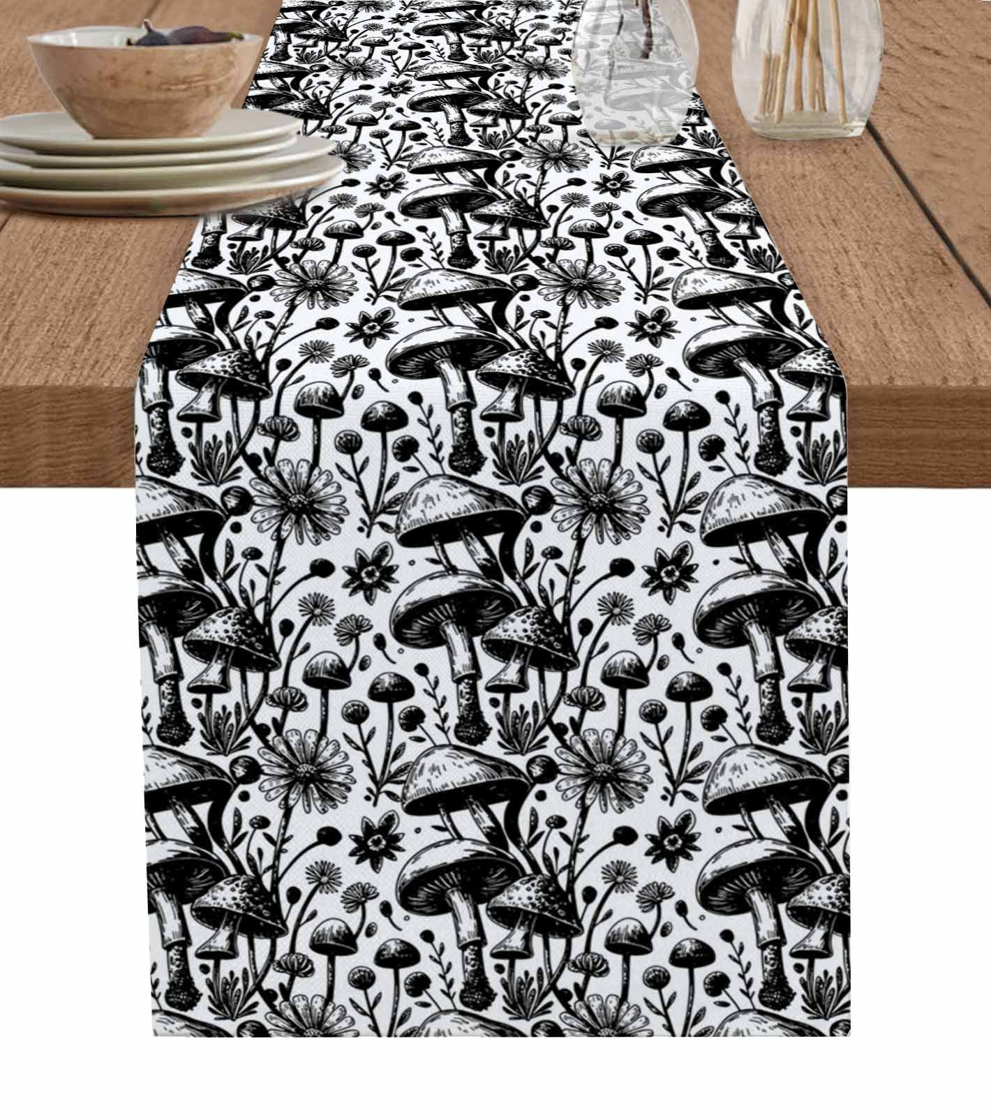 Black Mushrooms Retro Table Runner 70 Inches, Fall Farmhouse Plants ...