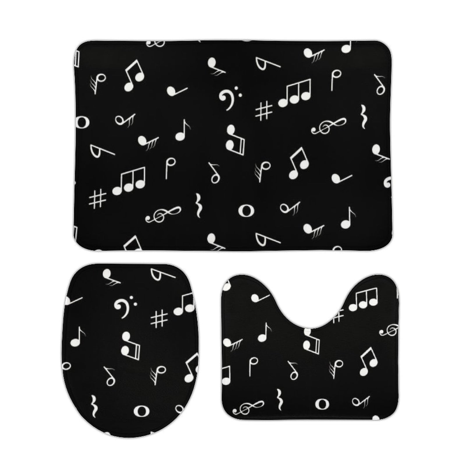 Black Music Notes Bathroom Mats Set of 3 Pieces Non Slip Contour Rug ...