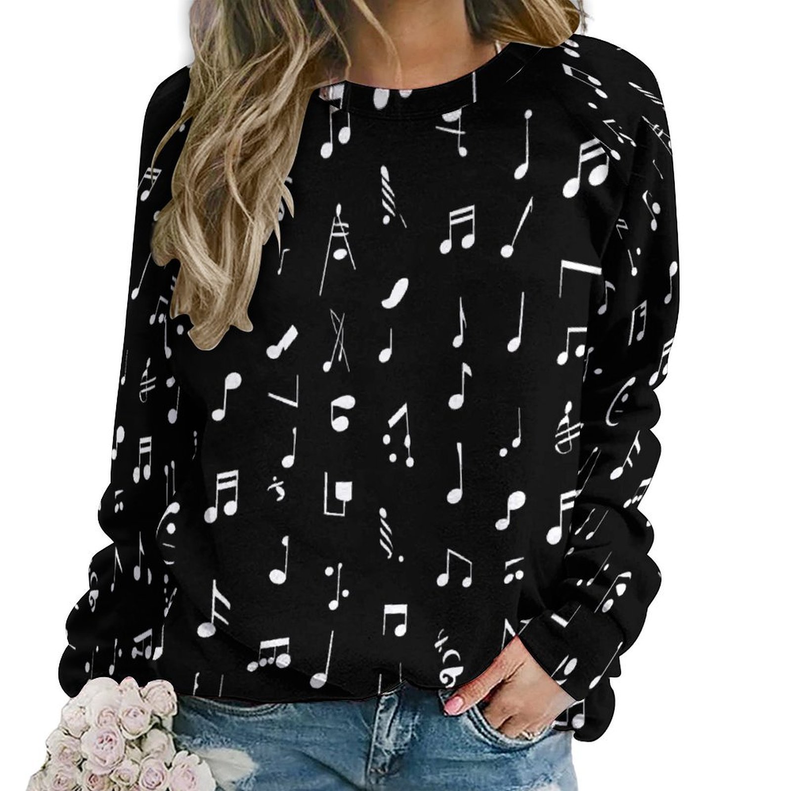Black Music Notes Women Casual Long Sleeve Hoodie Streetwear Pullovers ...