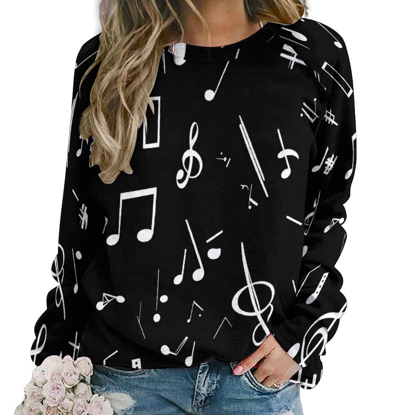 Black Music Notes Women Casual Long Sleeve Hoodie Streetwear Pullovers ...