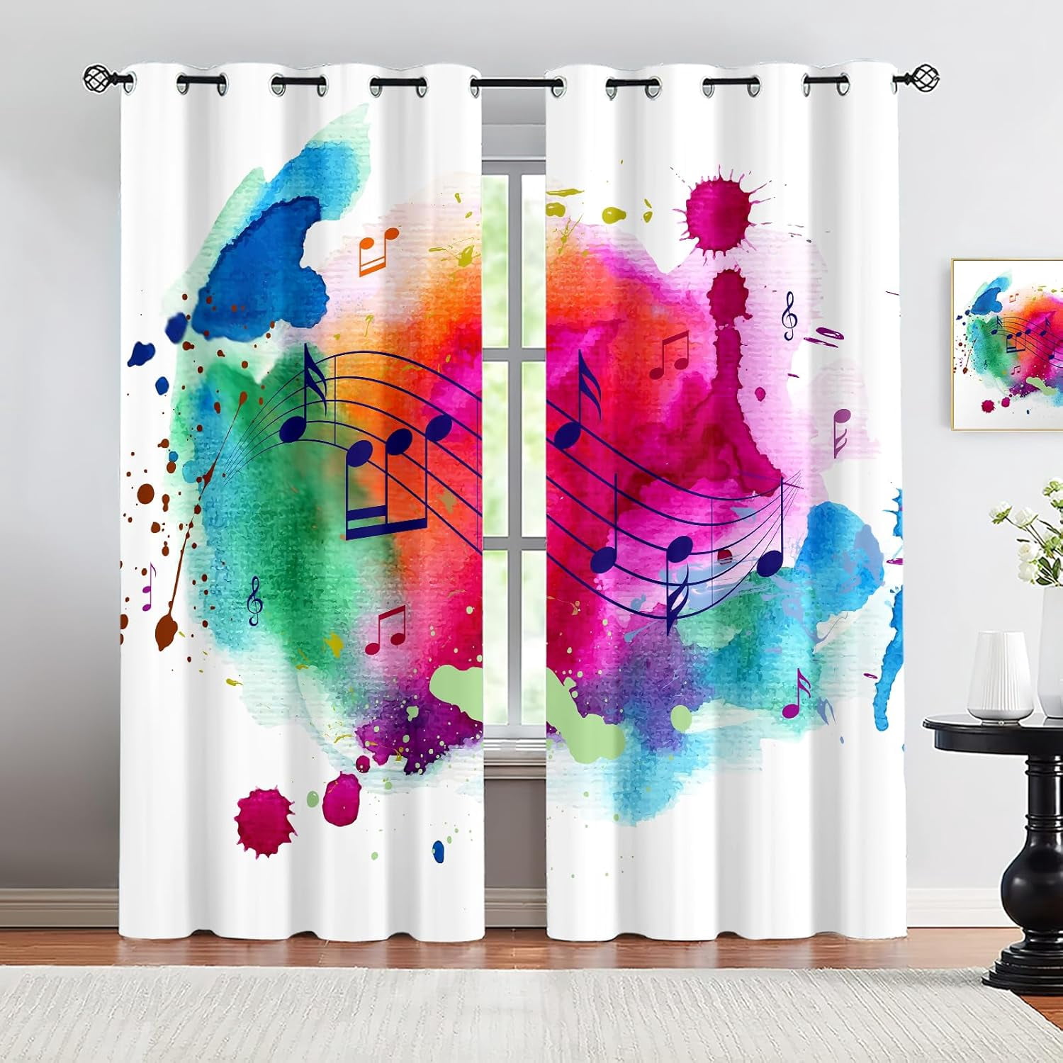 Black Music Symbols Window Curtains For Bedroom Living Room,Colorful ...