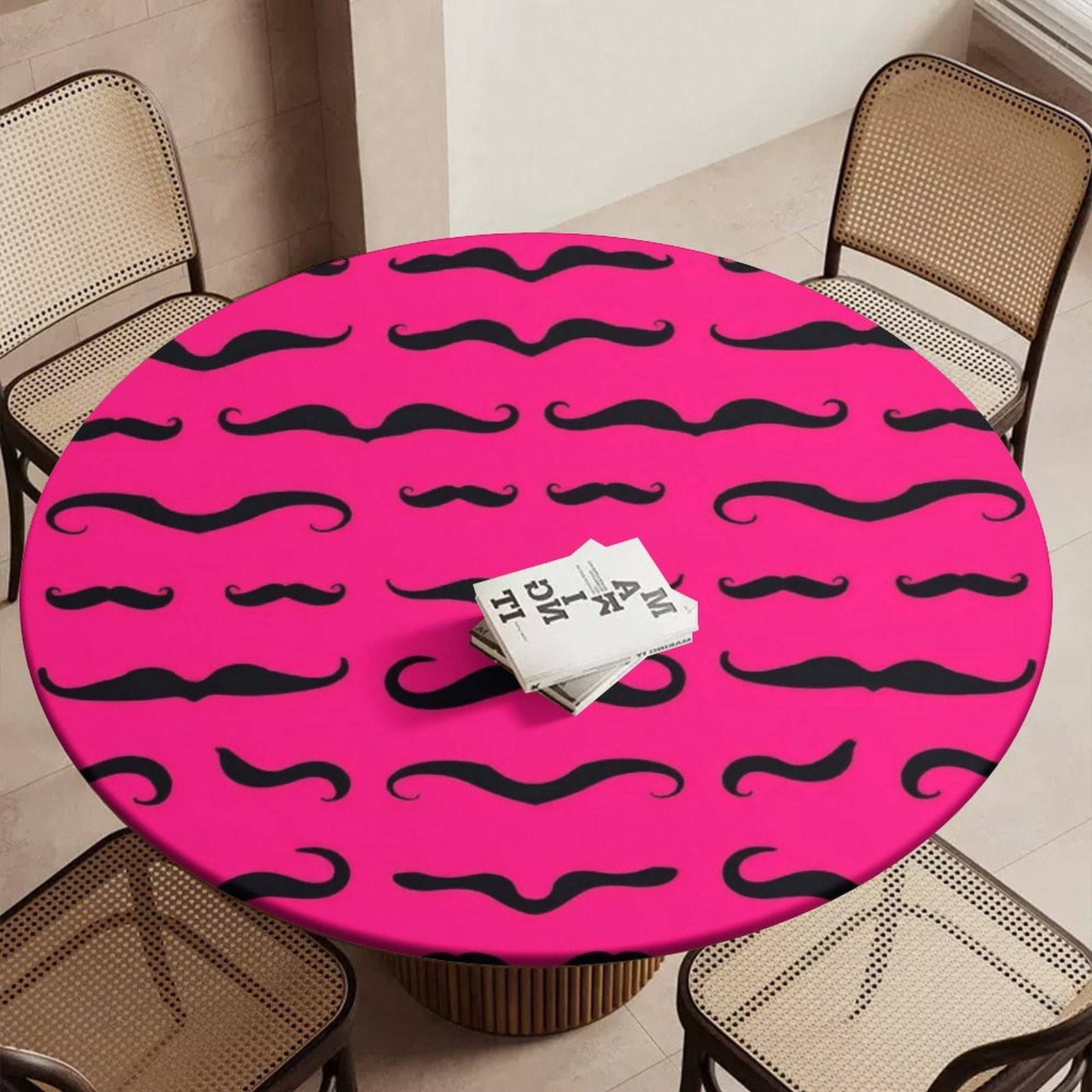 Black Mustache Pattern on Pink Background Round Table Cover Kitchen ...