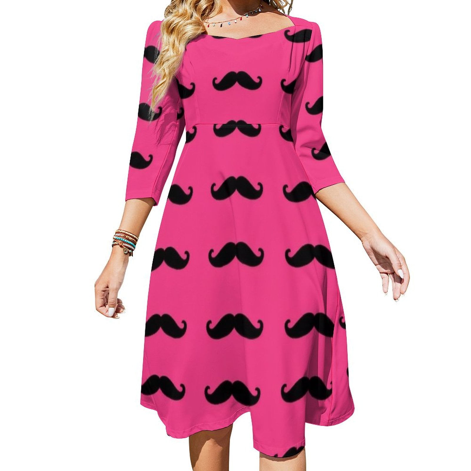 Black Mustache Pattern on Pink Background-1 Womens Summer Dress Tie ...