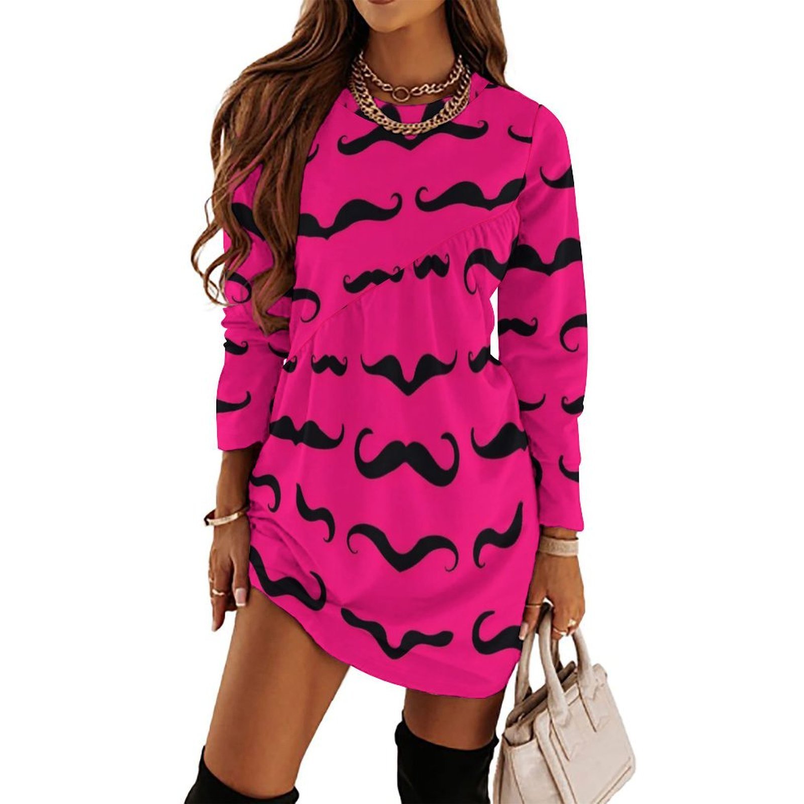 Black Mustache Pattern on Pink Background Loose Dress Evening Dress ...