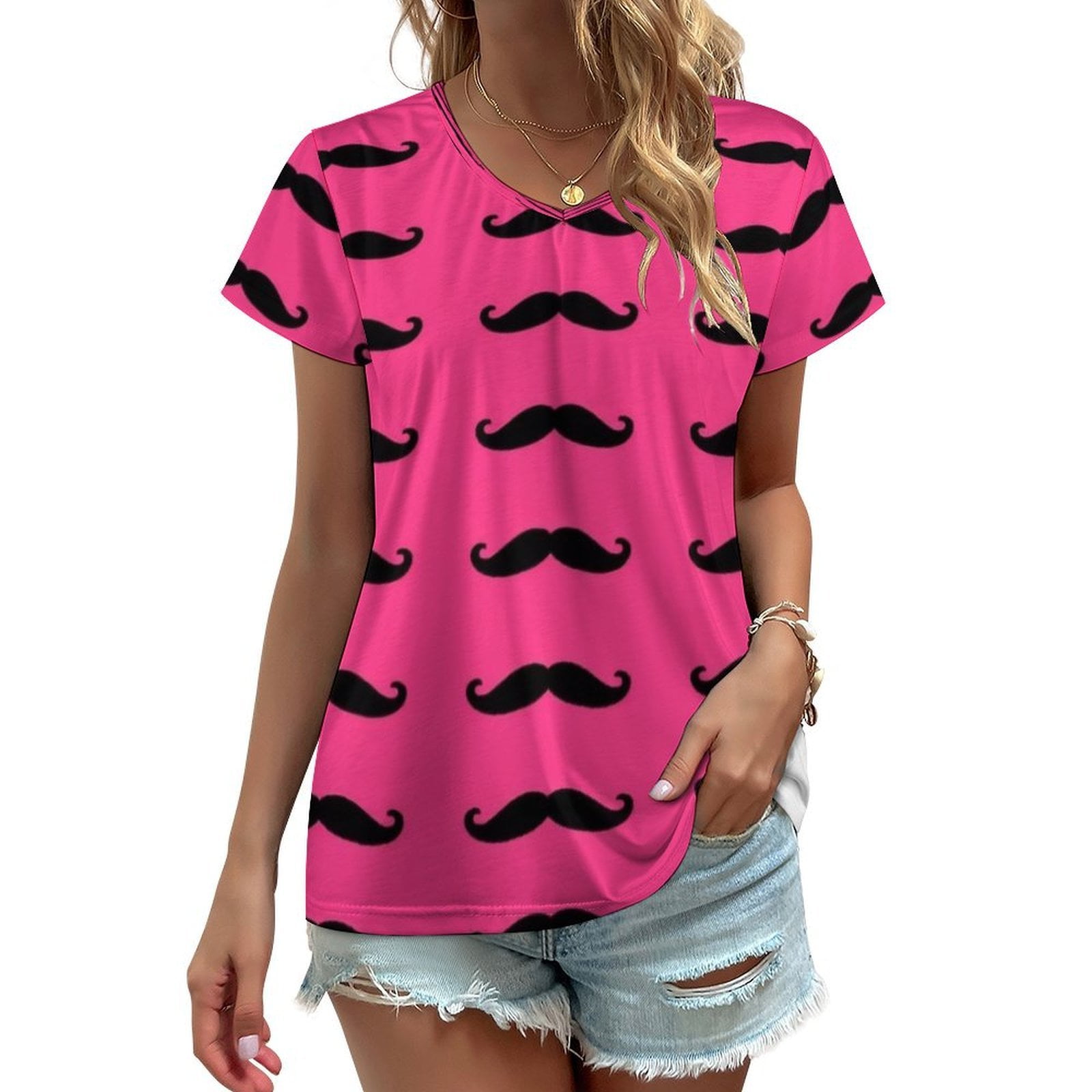 Black Mustache Pattern on Pink Background Women's Blouse Short Sleeve ...