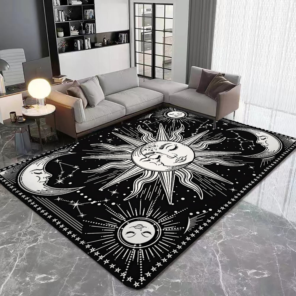 Black Mysterious Sun and Moon and Star Print Area Rugs Home Living Room ...