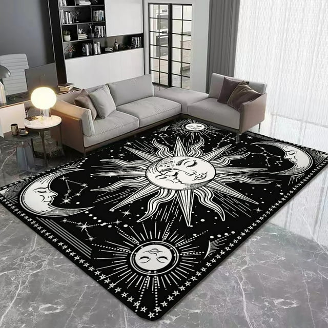 Black Mysterious Sun and Moon and Star Print Area Rugs Home Living Room ...