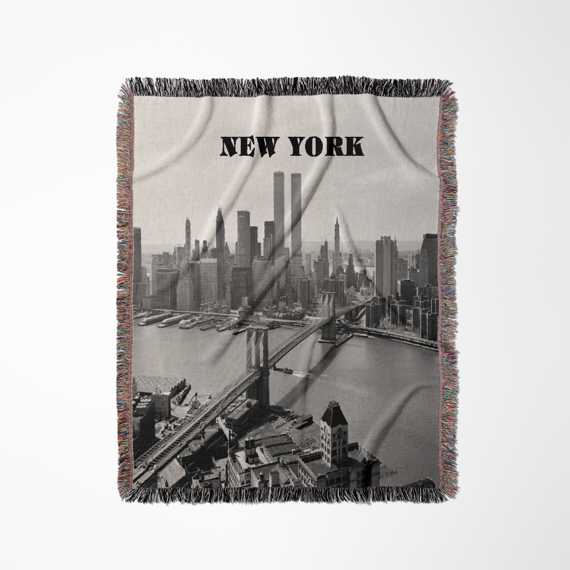 Black N White Picture Of 1972 Brookly Bridge With Twin Towers, Woven ...