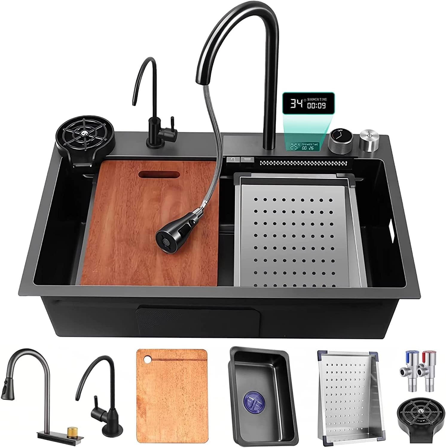 Black Nano Kitchen Sink Stainless Steel Waterfall Sink with Pull Down ...
