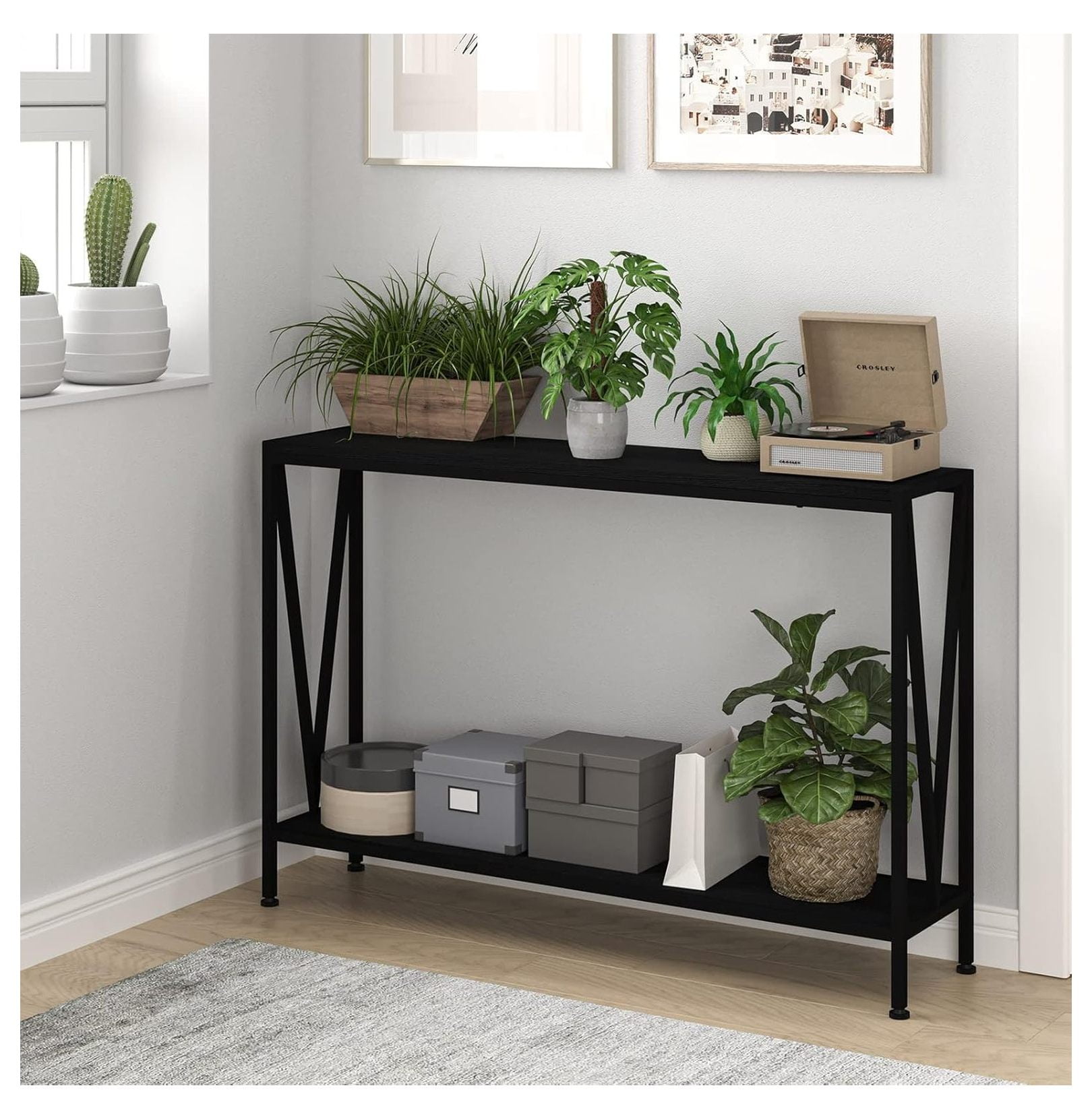 Black Narrow Console Table with Storage, 42.9" 2-Tier Sofa Table for ...
