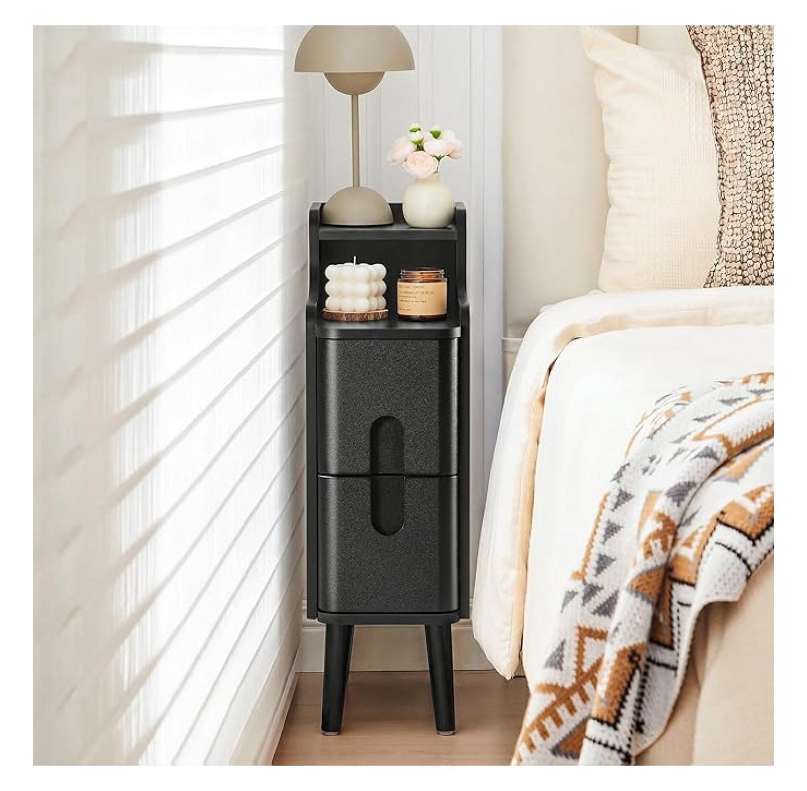 Black Narrow Nightstand, Wood 2 Drawer Small Nightstand, Slim Side ...