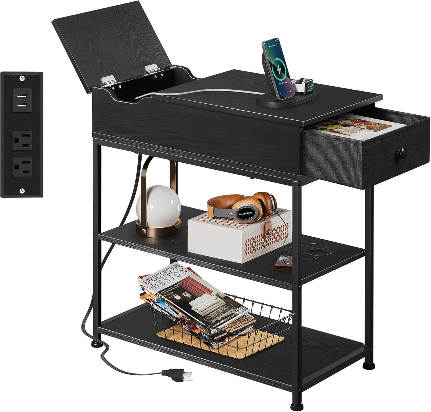 Black Narrow Side Table with 2 USB Ports and 2 Outlets, Flip Top End ...