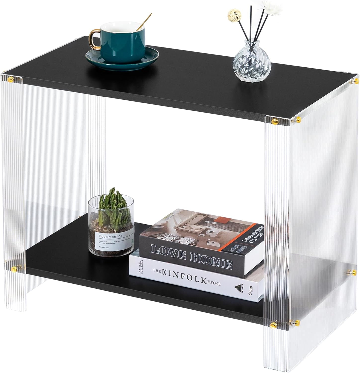 Black Narrow Side Table, Acrylic End Table with 2-Tier Storage Shelf ...