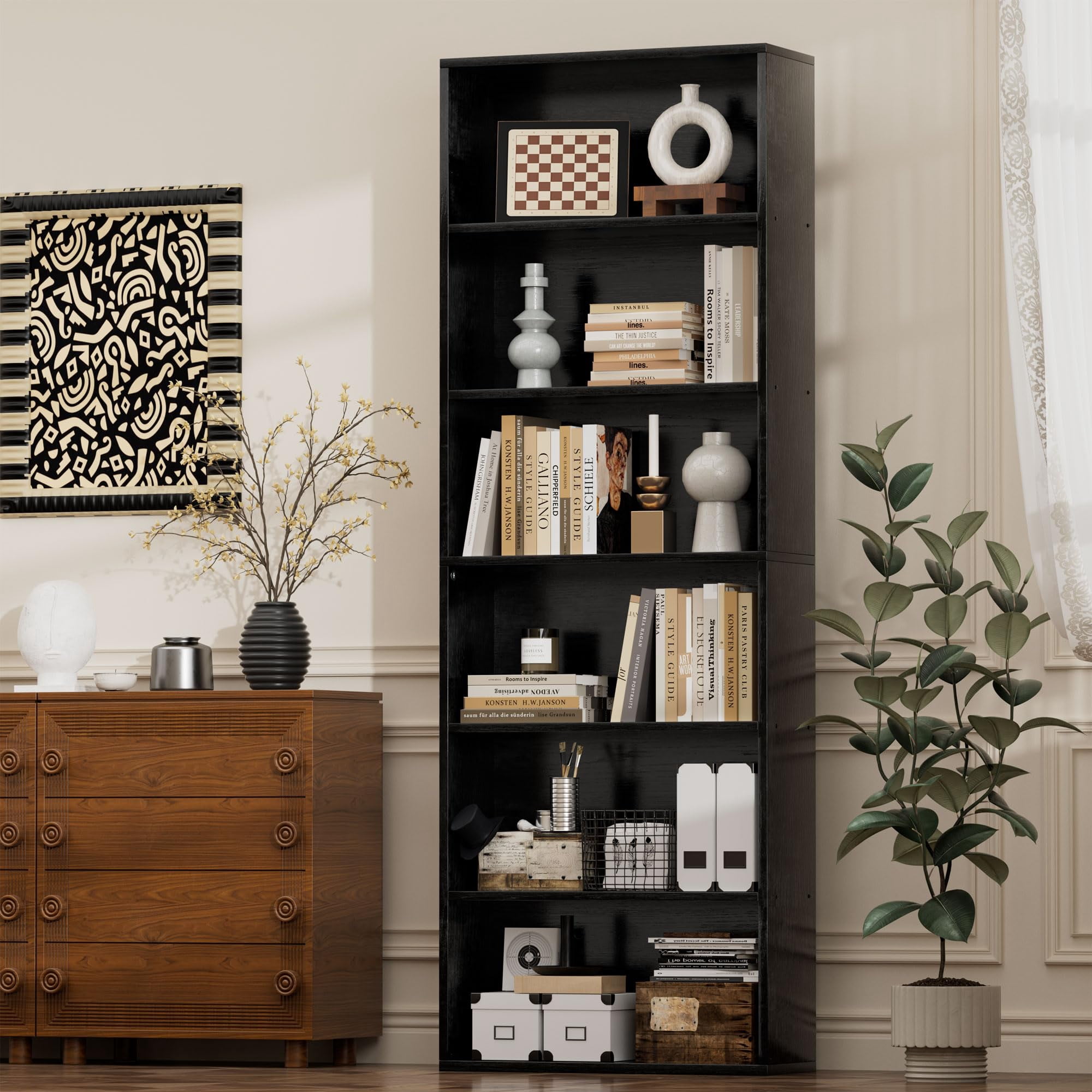 Black Narrow Tall Bookshelf With 6 Shelves Vertical Slim Storage Unit ...