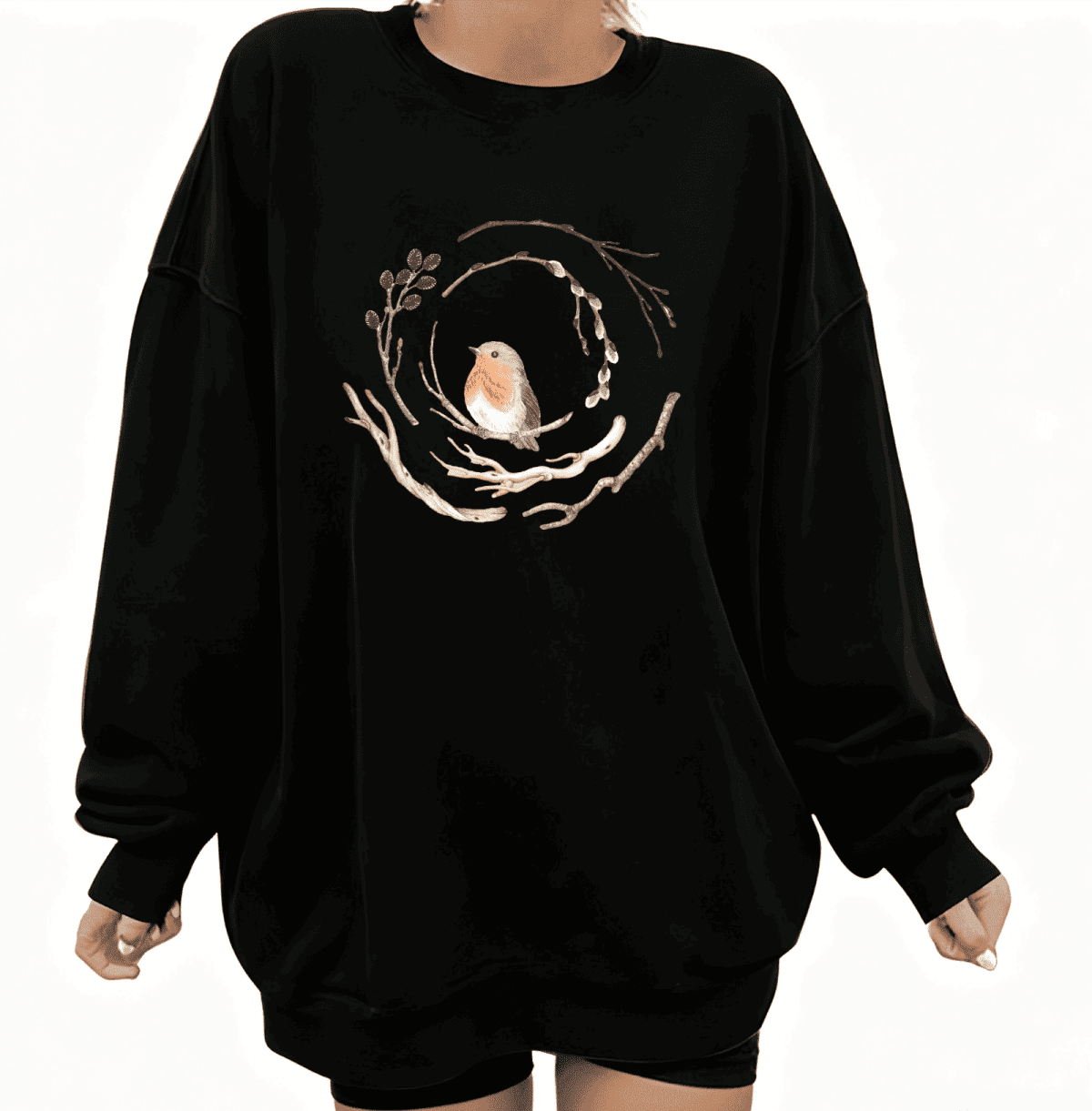 Black Nature Robin Bird Branch Graphic Print Sweatshirt S-3XL Crew Neck ...