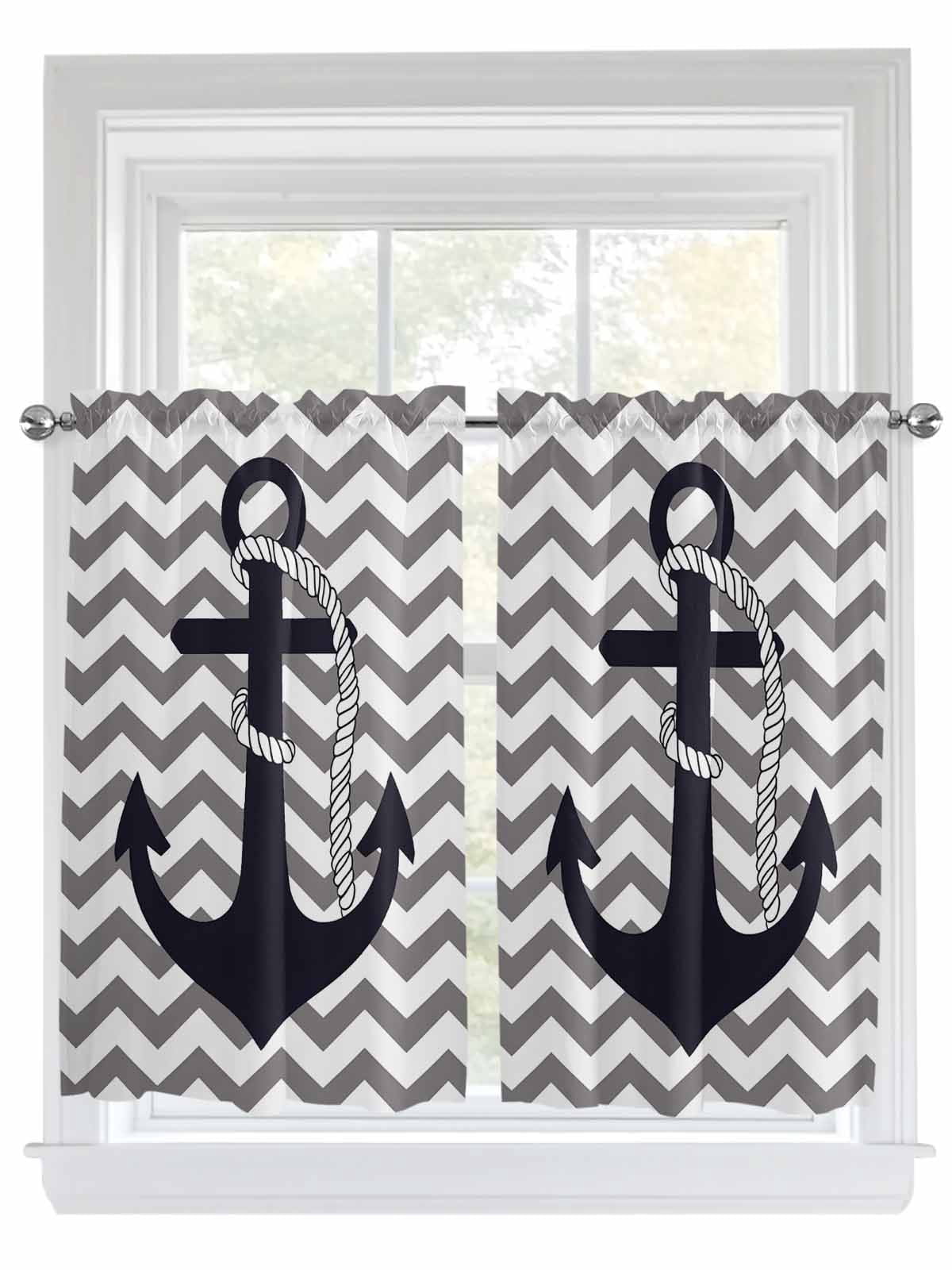 Black Nautical Anchor Kitchen Curtains 54 Inches length, Gray Stripe ...