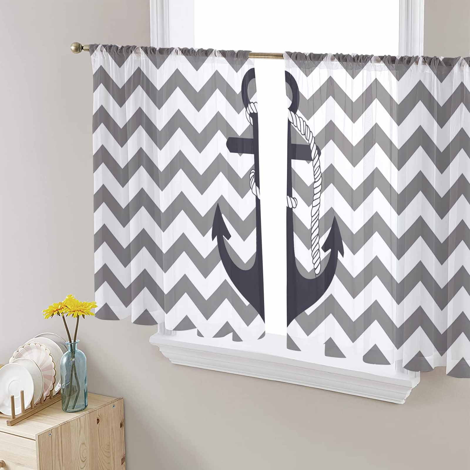 Black Nautical Anchor Semi Sheer Window Curtains 54 Inches Long, Gray ...