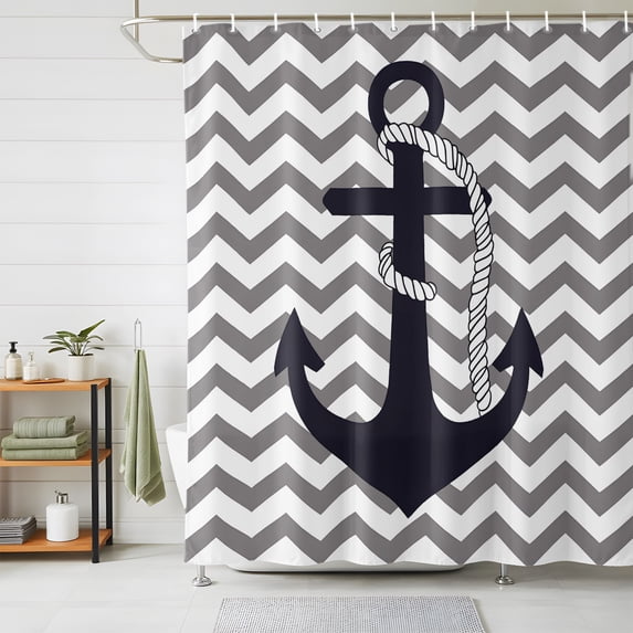 Black Nautical Anchor Shower Curtains for Bathroom, Gray Stripe Modern ...