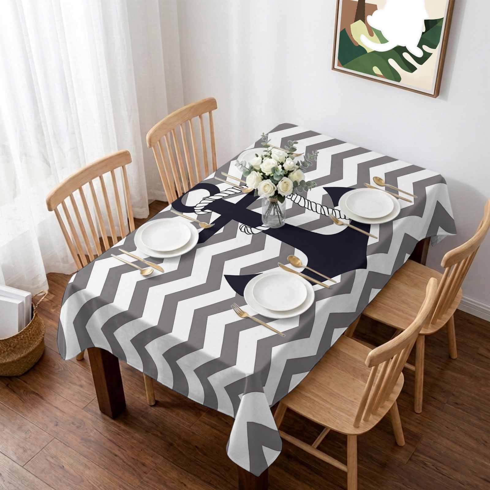 Black Nautical Anchor Table Cloth Waterproof Tablecloths, Gray Stripe ...