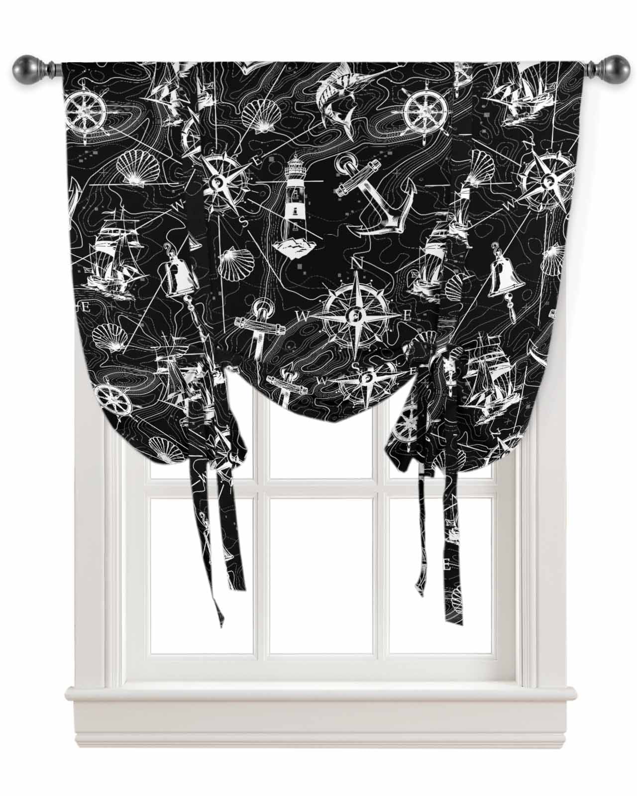 Black Nautical Tie Up Curtains for Window, Retro Coastal Ocean Sea Boat ...