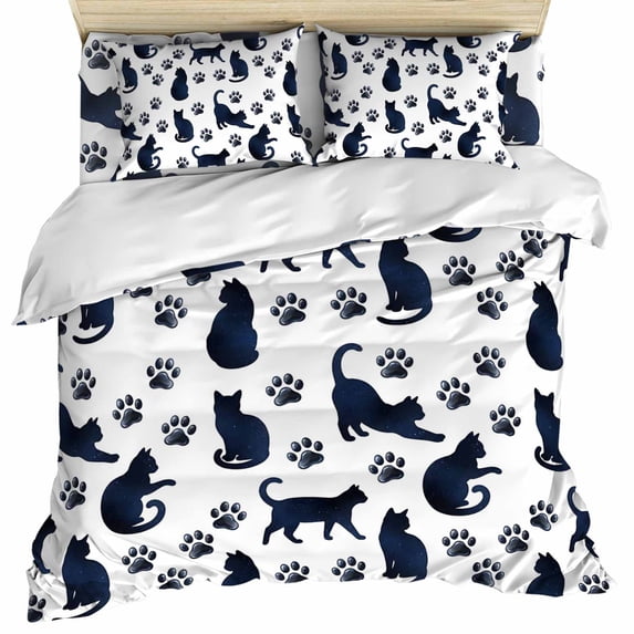 Black Navy Blue Cat Set of 4 Bedding Quilt Covers, Cat Paw Farmhouse 4 ...