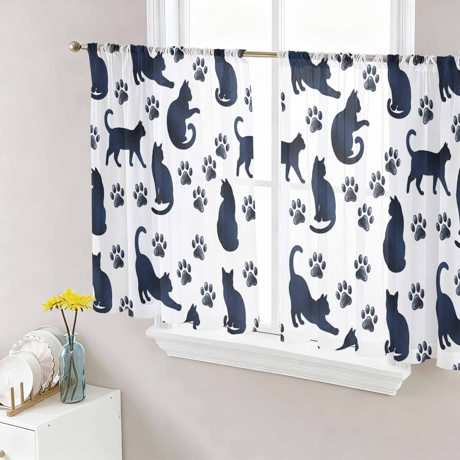 Black Navy Blue Cat Sheer Curtains 54 Inch Length 2 Panels Set, Cat Paw ...