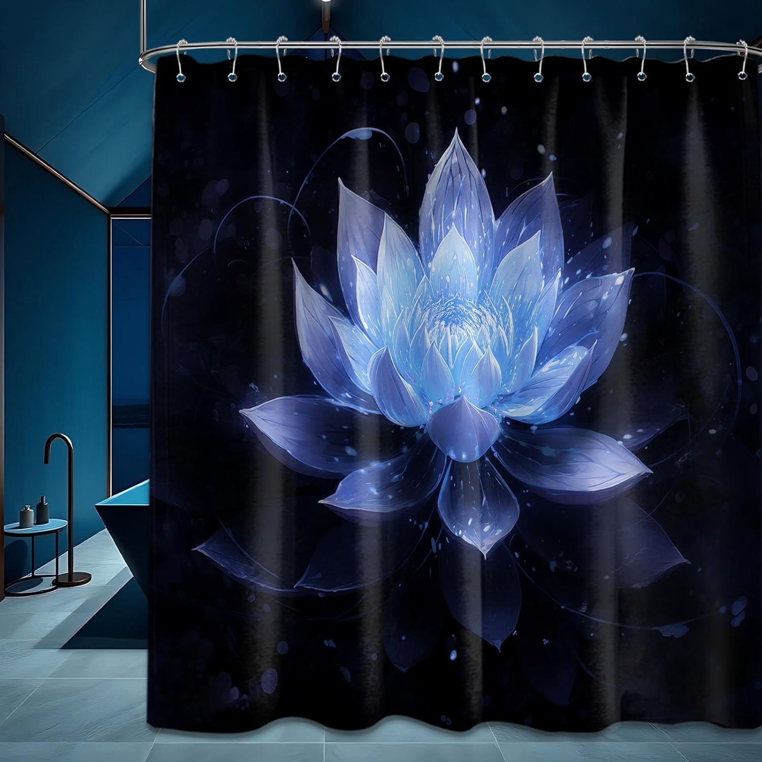 Black and Navy Blue Shower Curtain Royal Blue Lotus Flower Shower ...