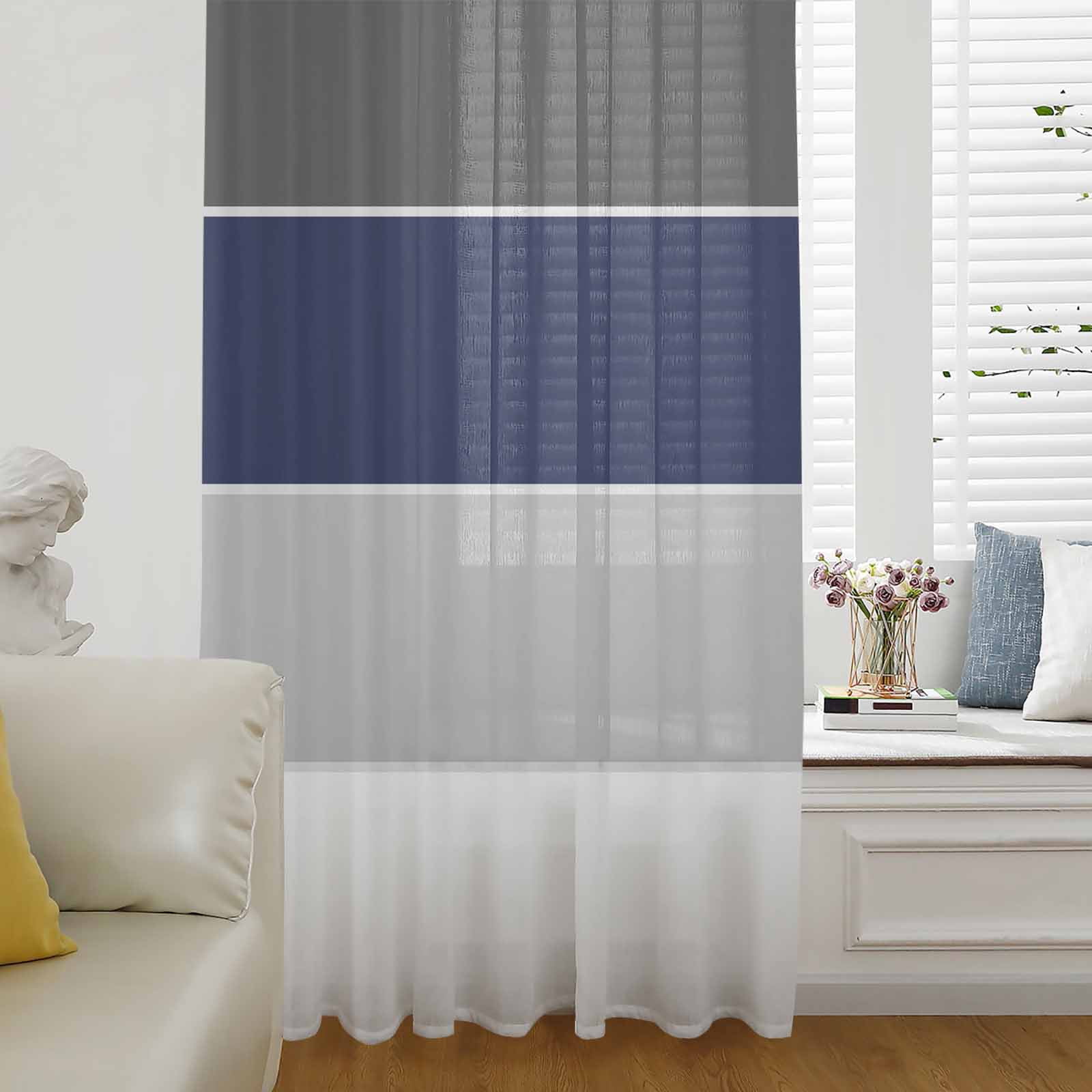 Black Navy Blue Window Curtain 72 Inches Long, Grey Stripes Semi Sheer ...