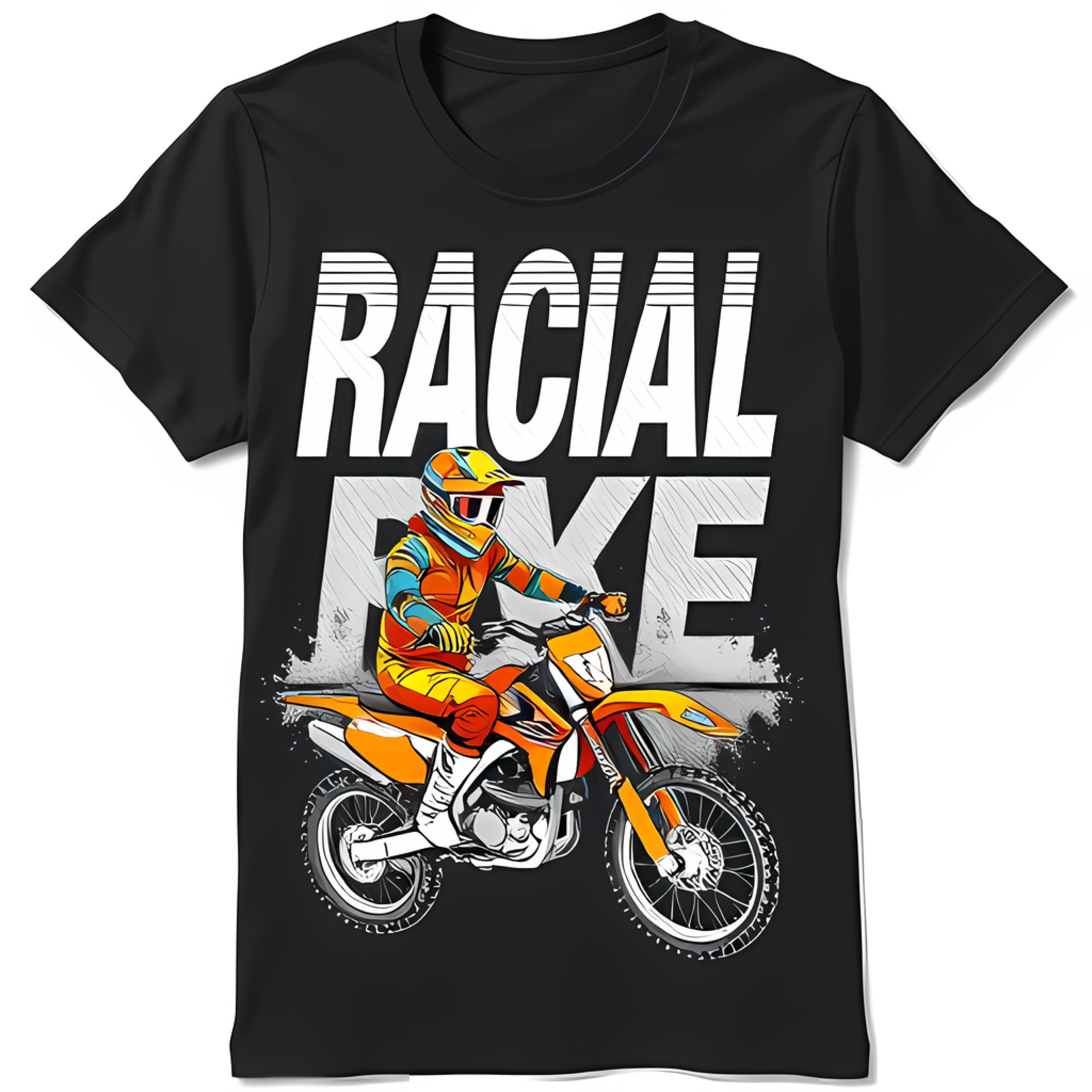 Black Neck T-Shirt with Bold 'RACIAL' Graphic & Dirt Bike Rider Design ...