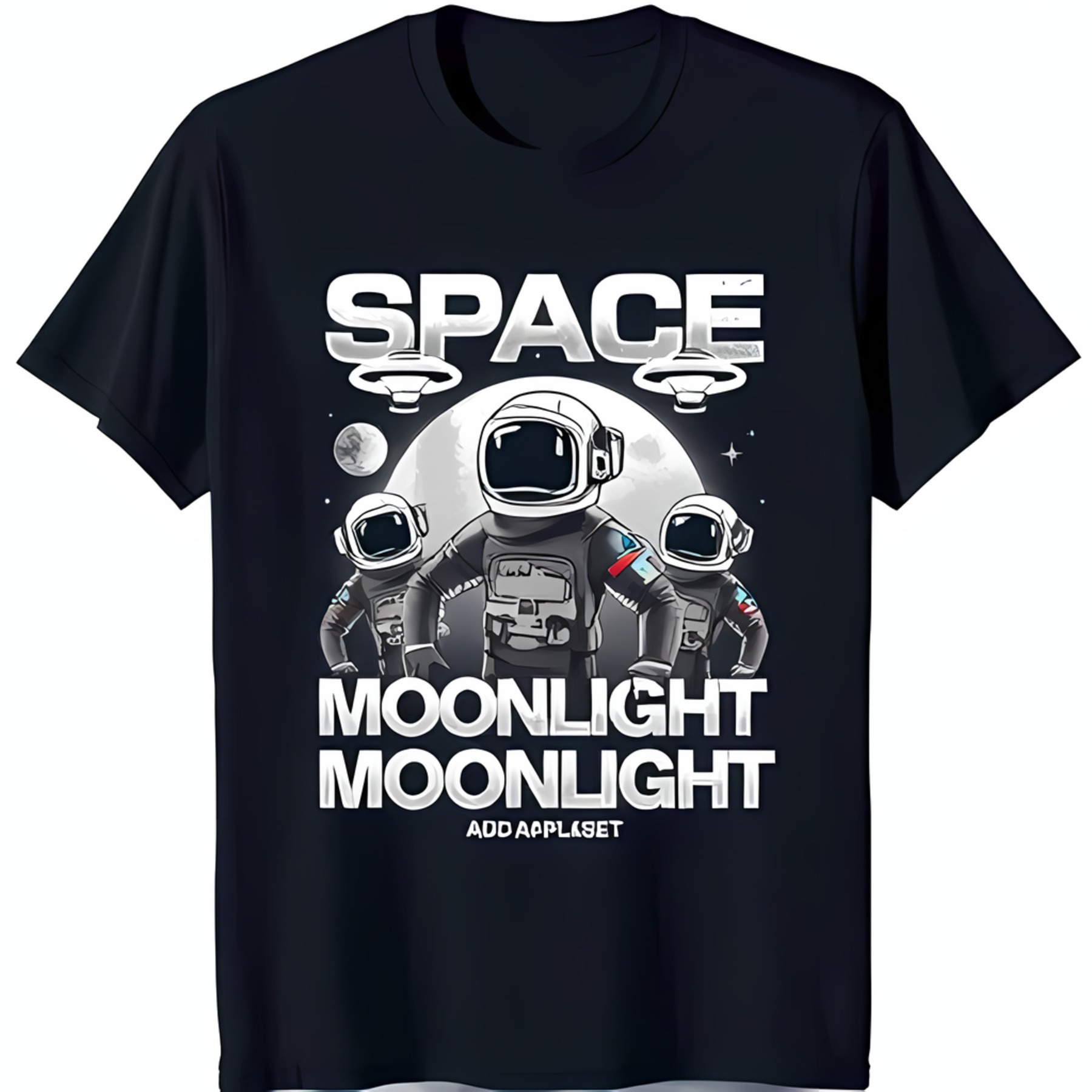 Black Neck T-Shirt with Cartoon Astronauts UFO and Full Moon Design ...