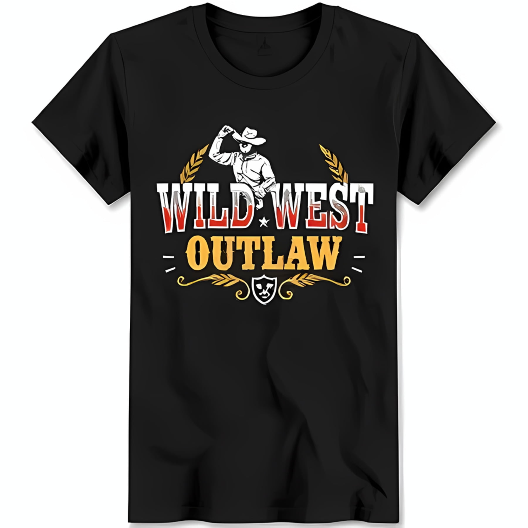 Black Neck T-Shirt with Cowboy Graphic & 'WILD WEST OUTLAW' Text ...