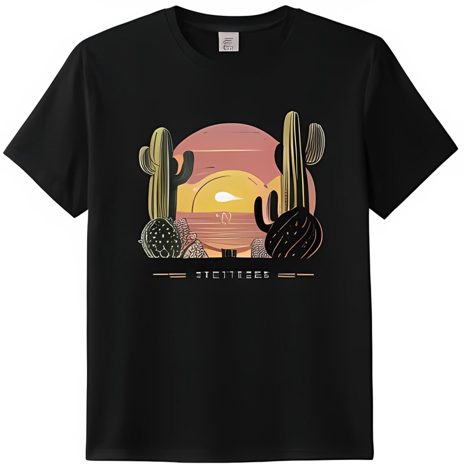 Black Neck T-Shirt with Desert Scene Graphic Cacti & Sunset Design ...