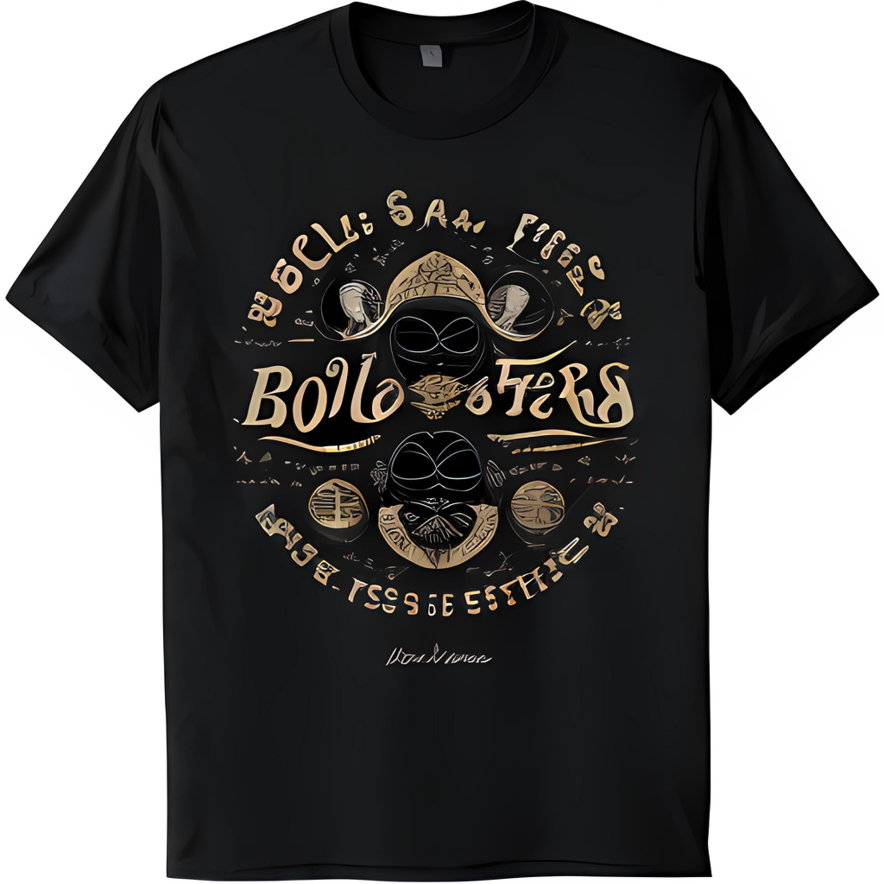 Black Neck T-Shirt with Gold Bollo Fresco & 4 Masked Figures Design ...