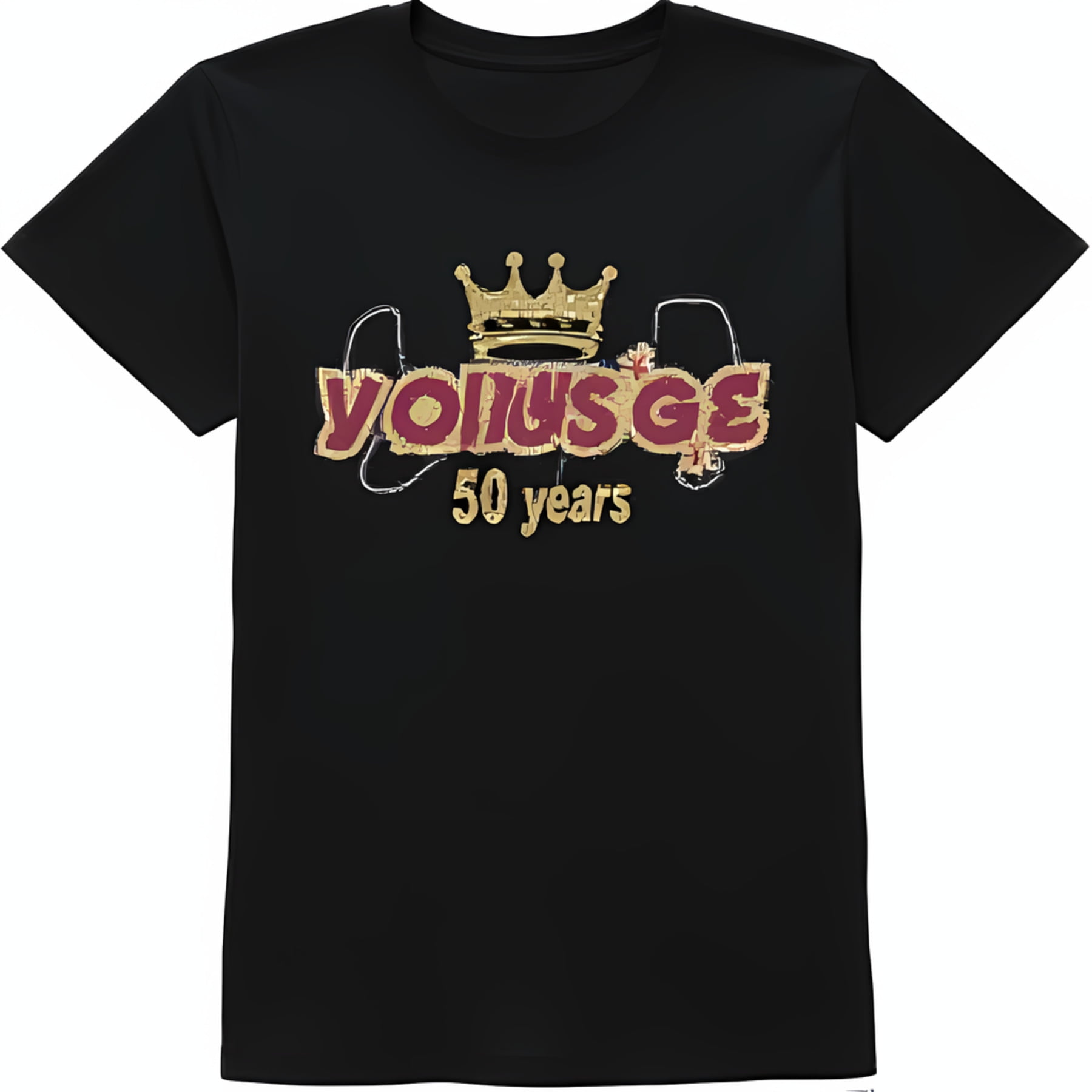 Black Neck T-Shirt with Gold Crown & VOLUS in Maroon 50 Years Design ...